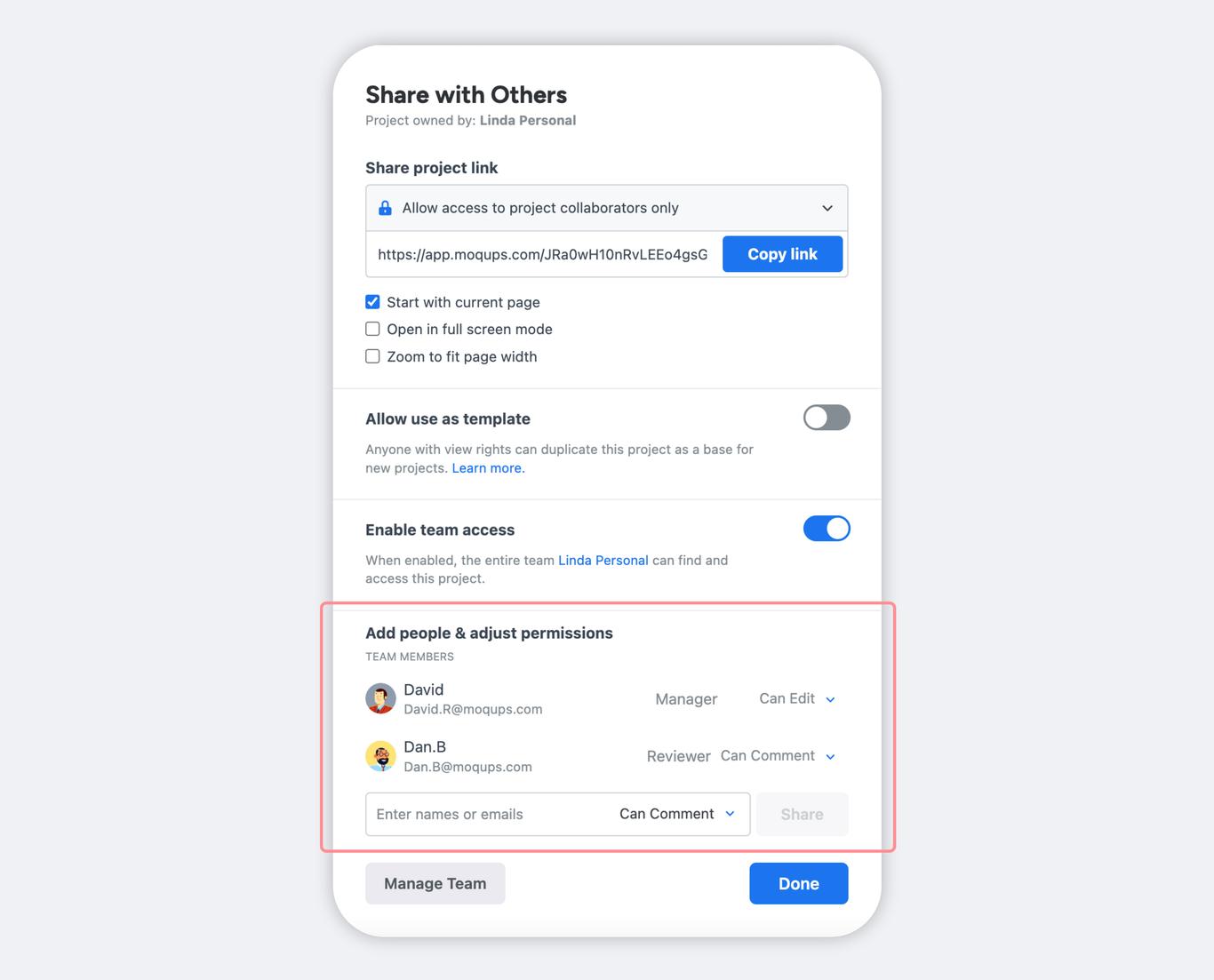 Guide to sharing and permissions | Moqups Help Center