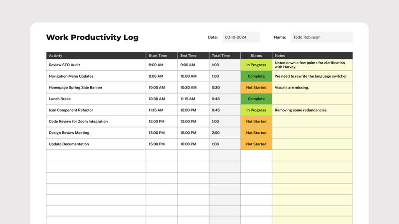 Work Productivity Log Template | Moqups