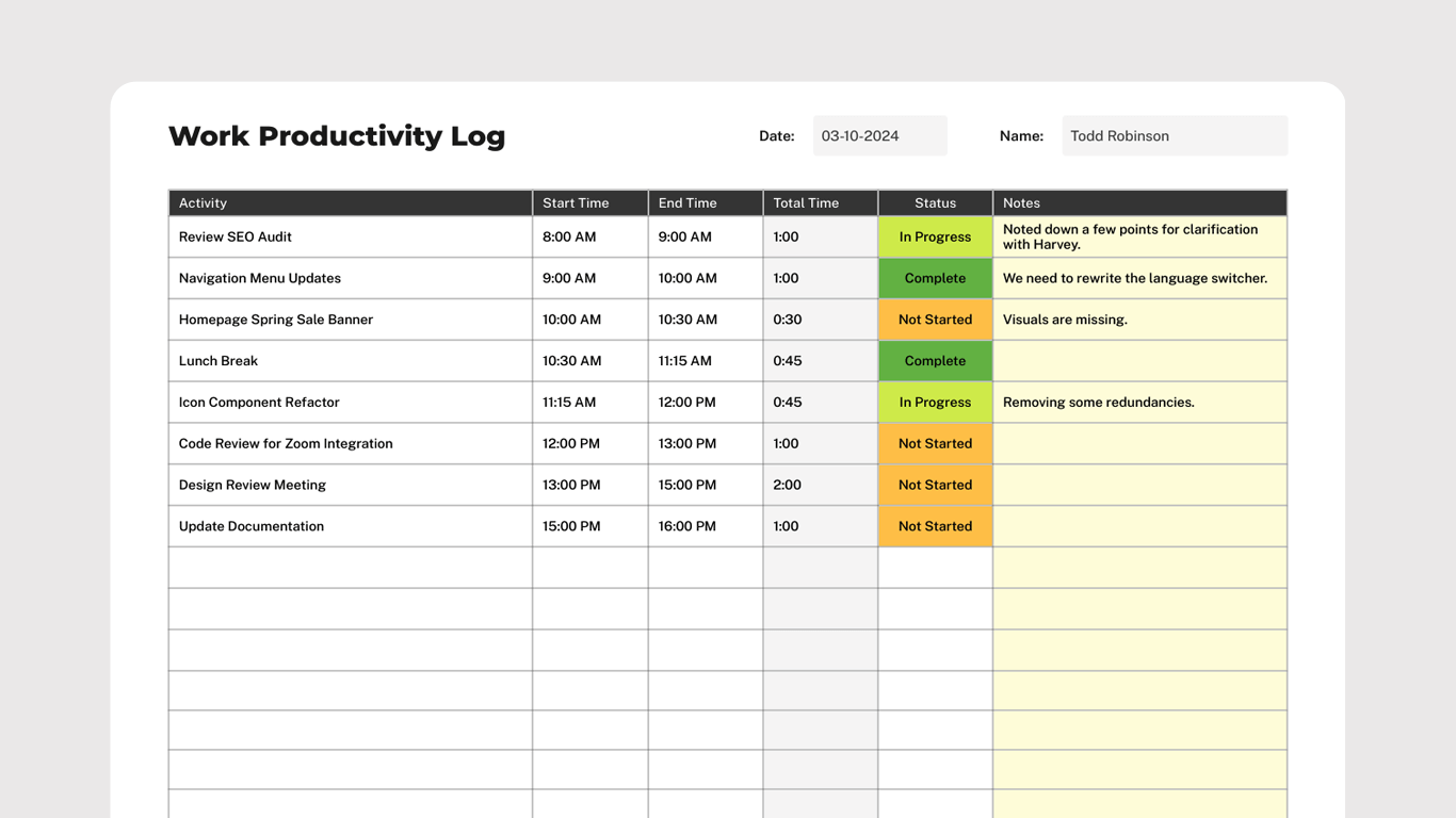 Work Productivity Log Template | Moqups